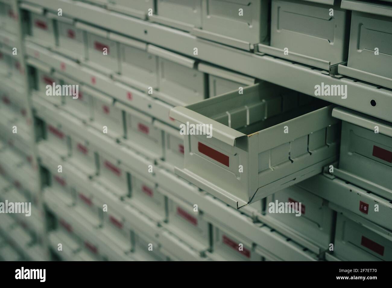 Metal drawers or regals for storing different parts. Fire proof ...