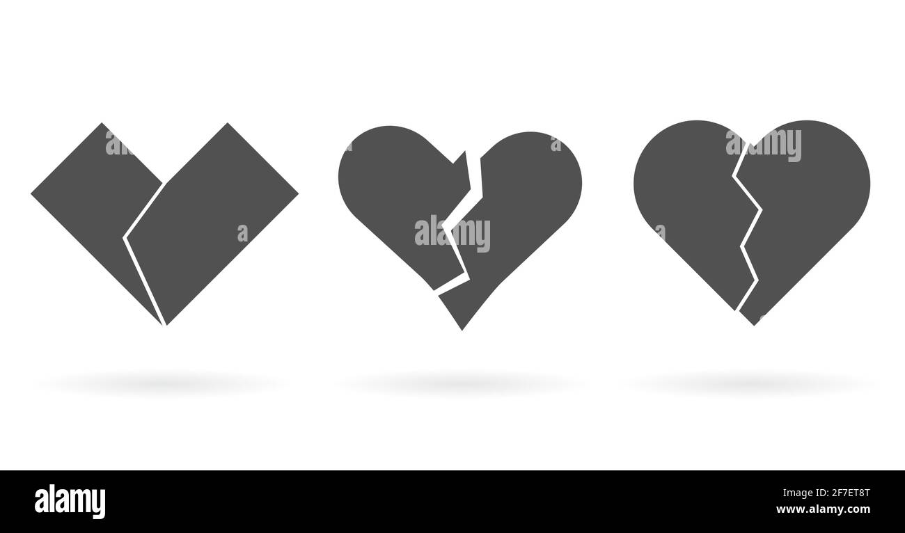 Set of black broken hearts of different shapes with holes and shadow ...