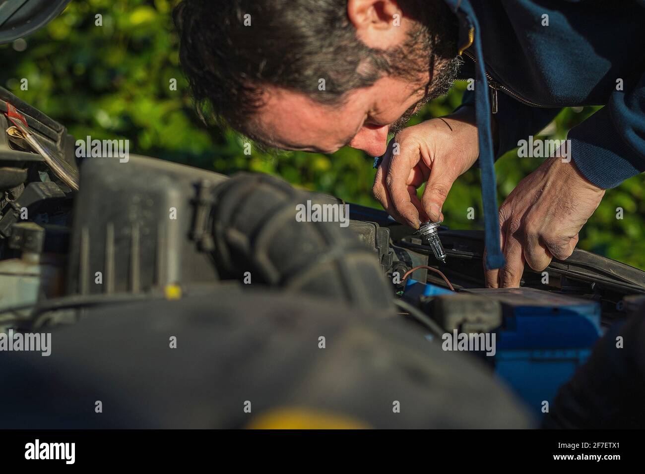 Man seen changing a light bulb on a car. Modern car with a blown ...