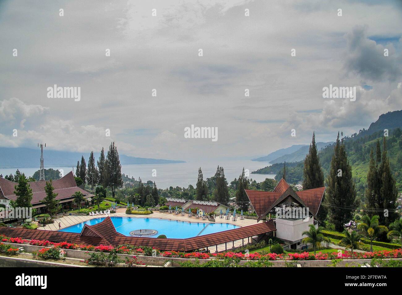 Looking towards the cloudy indonesian lake of Toba in the city of ...
