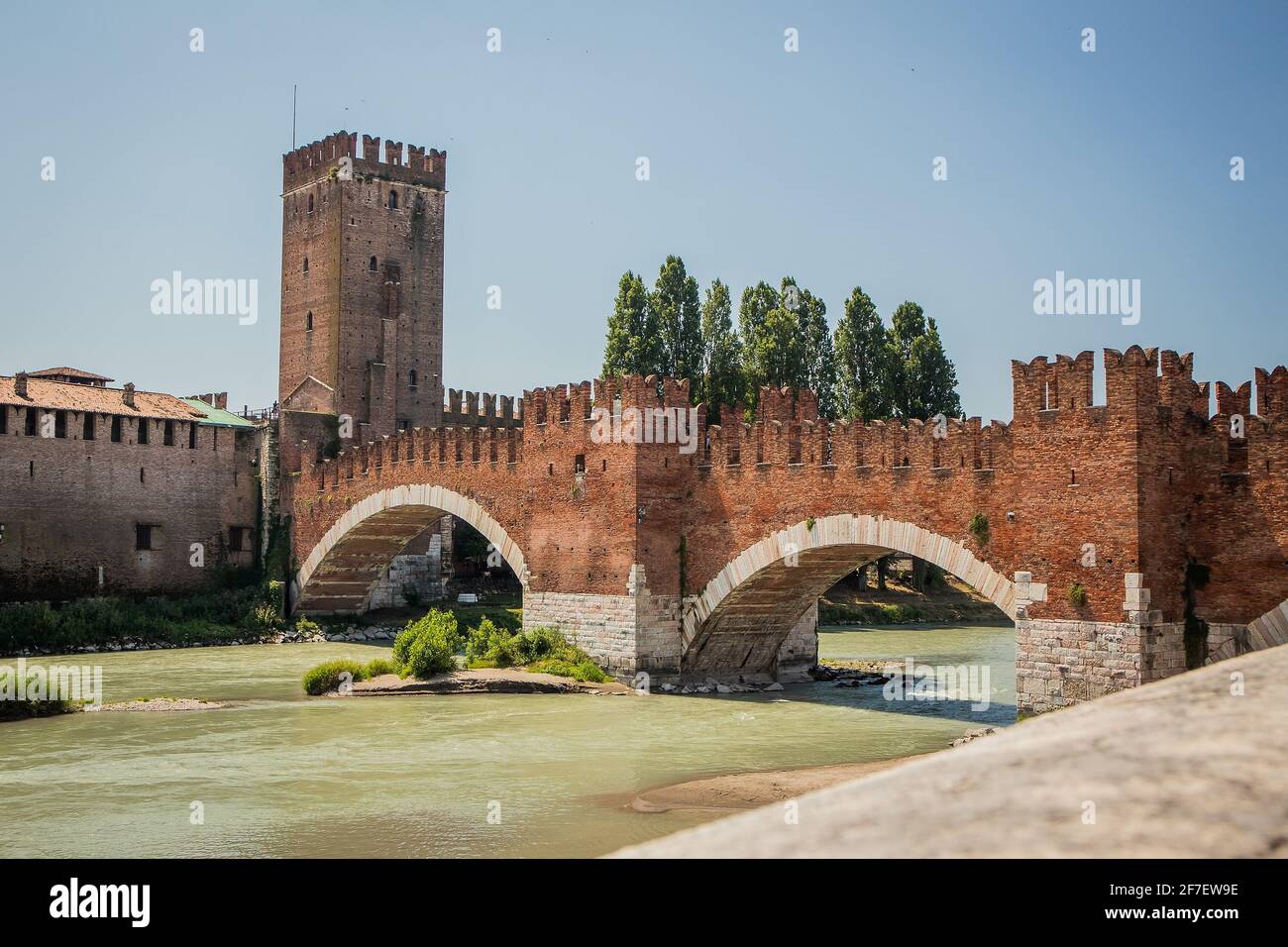 Castel vecchio bridge in Verona, Italy on a sunny day. Beautiful brick ...