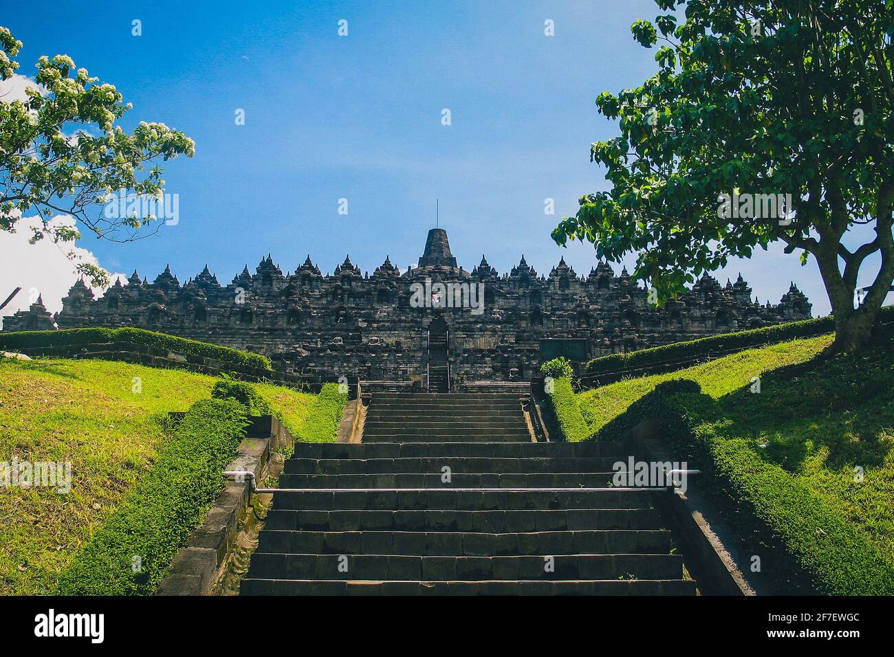 Stairs leading to the temple of Borobudur on the island of Java ...
