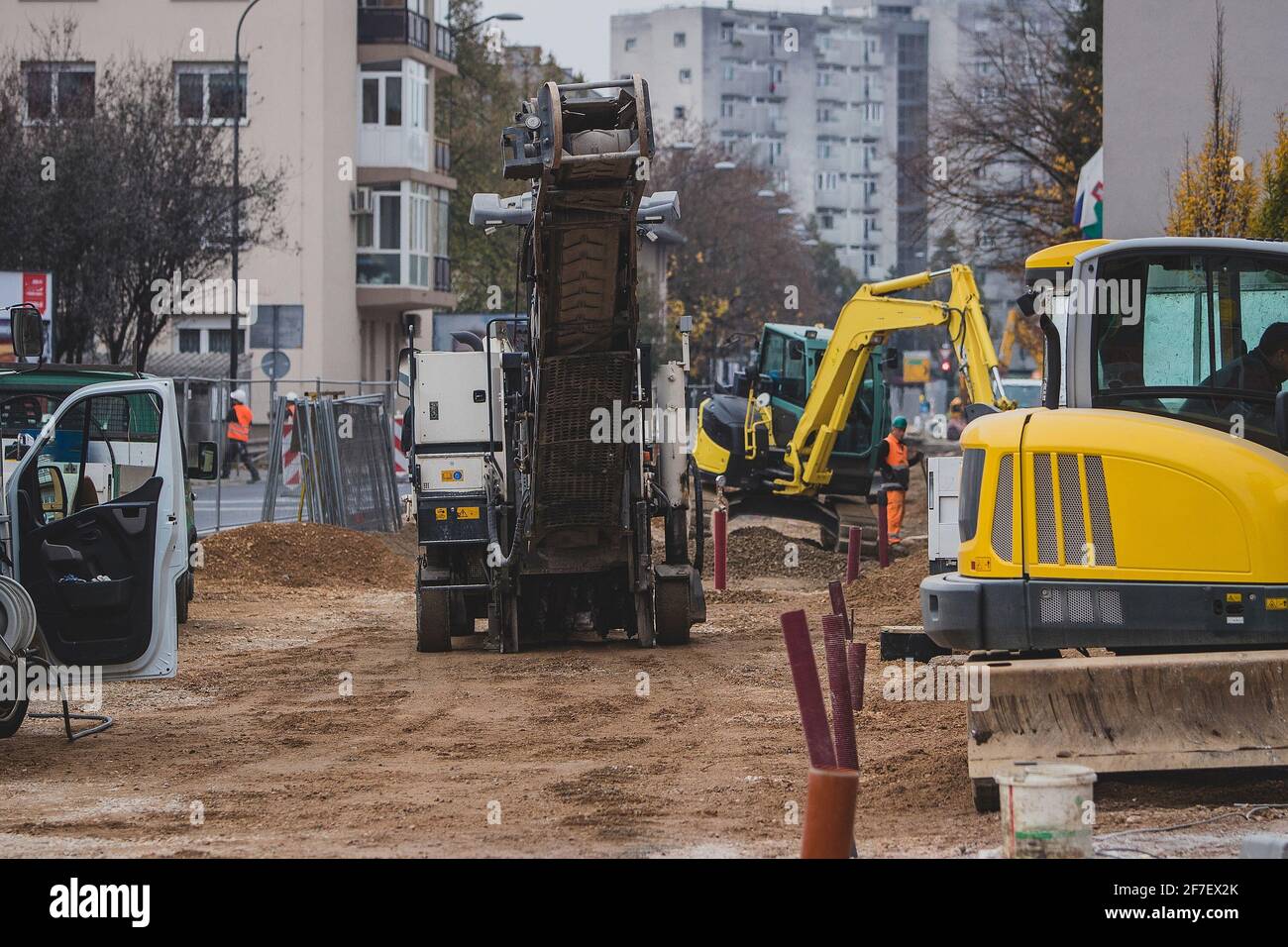 Different work machines on a construction site of a road reconstruction ...