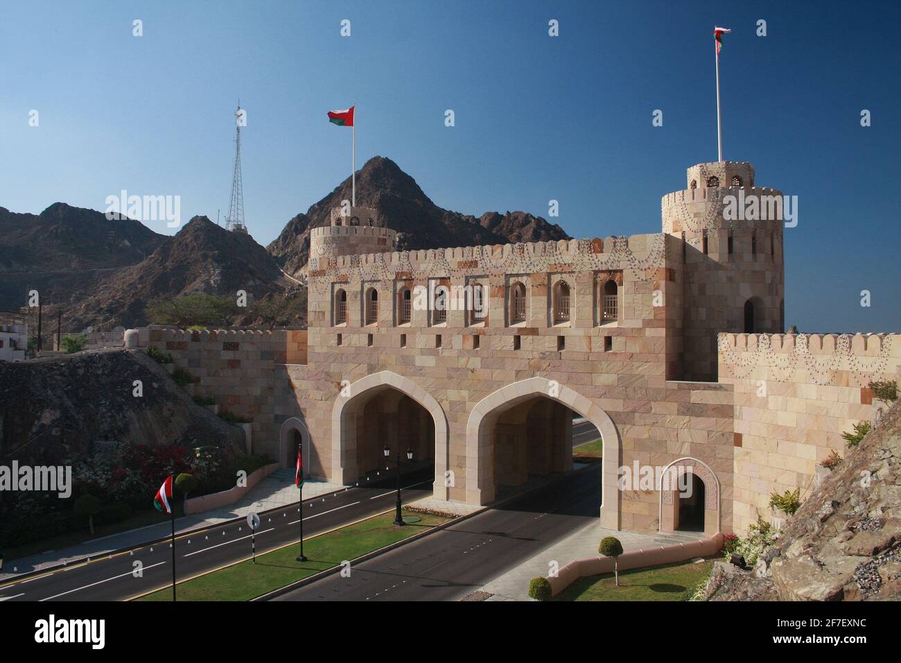 View of the old gate to the town of Muscat, Oman. Seen from the higher ...