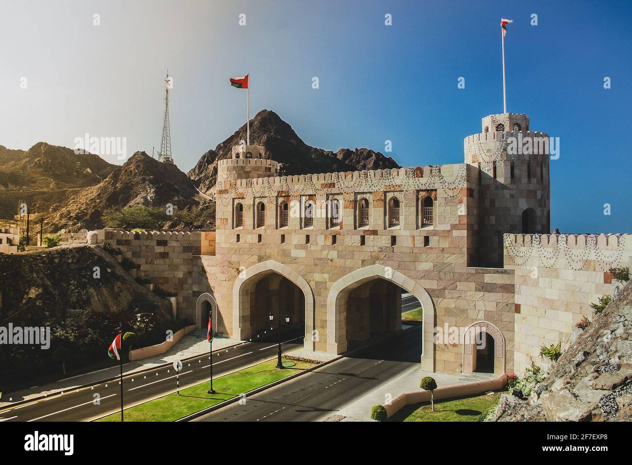 View of the old gate to the town of Muscat, Oman. Seen from the higher ...