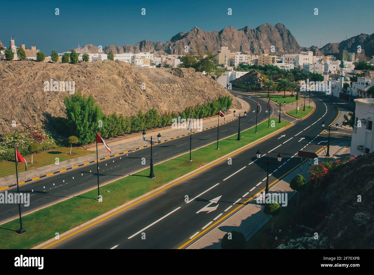 Coastal road close to corniche in Muttrah, part of Muscat city of Oman ...
