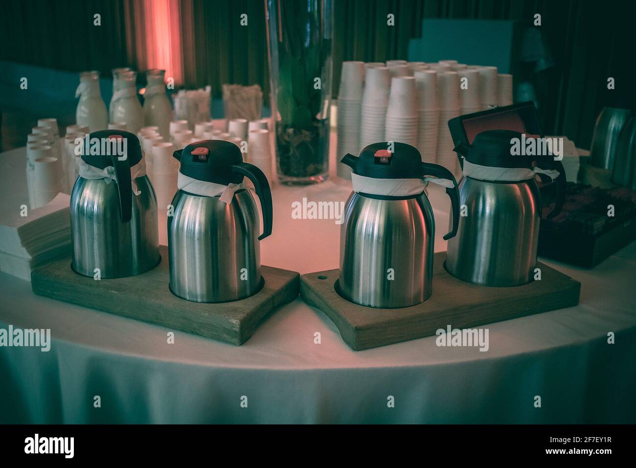 Aluminium or stainless steel pots for tea or coffee on a banquet buffet ...