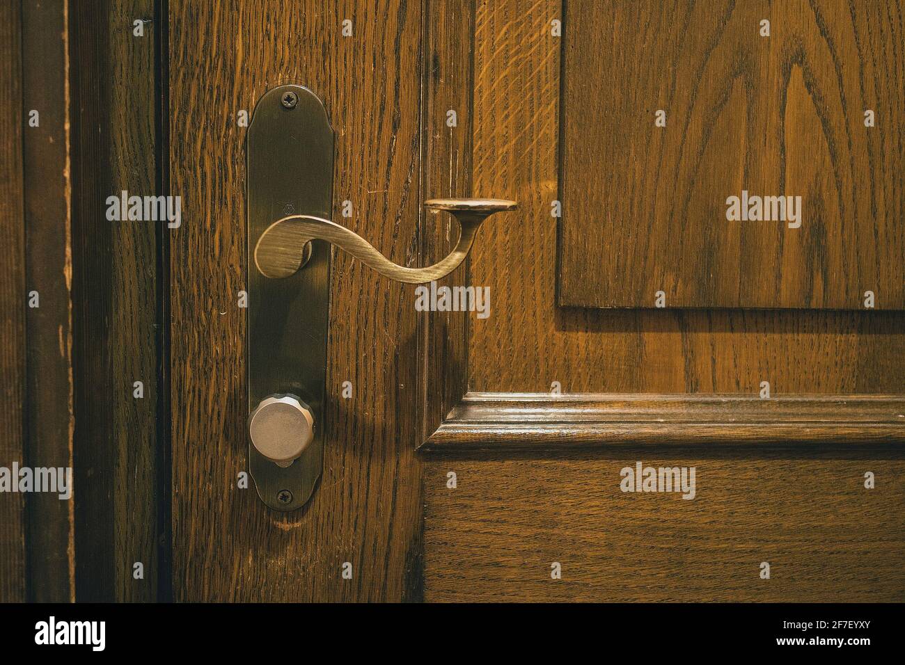 Golden door knob in vintage style on wooden door. Frontal view Stock ...