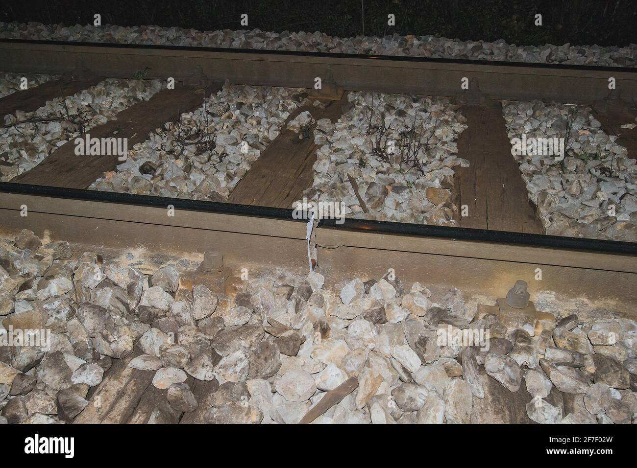 Broken or cracked rail or railway track due to cold temperatures at ...