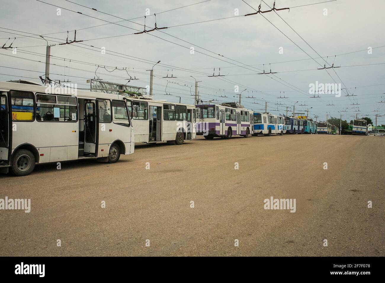 Station with electric buses, trolleybuses in Sevastopol, Ukraine ...