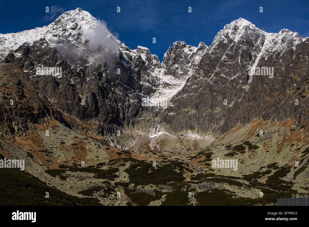 Summer landscape in mountains and the dark blue sky without clouds ...