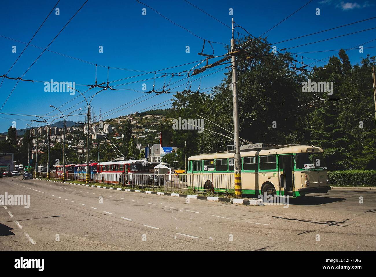 Station with electric buses, trolleybuses in Yalta, Ukraine. Parking of ...