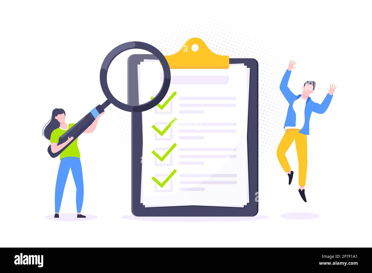 Checklist complete business concept tiny people with magnifying glass ...