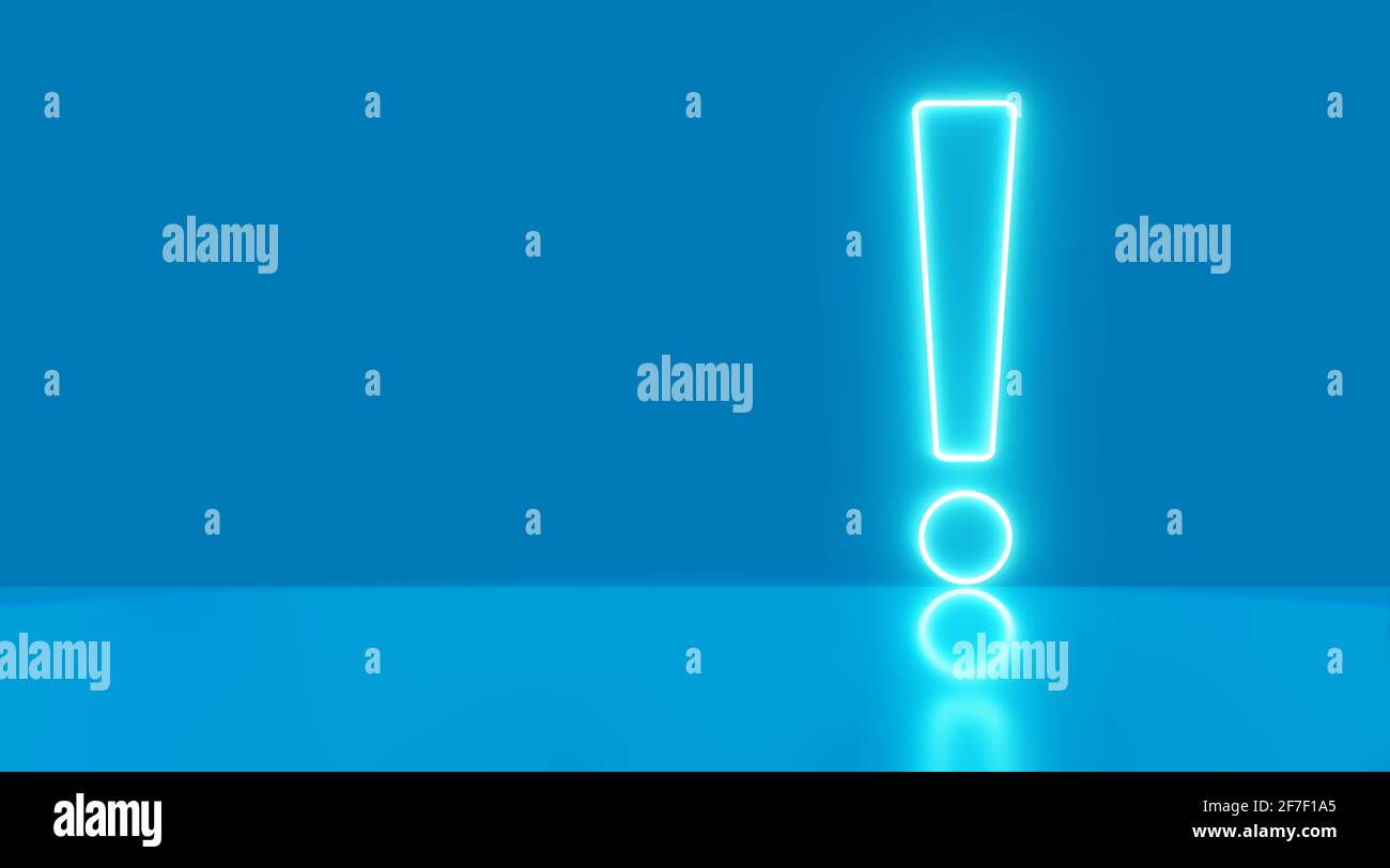 Exclamation mark icon neon light on panoramic blue background. Elements ...
