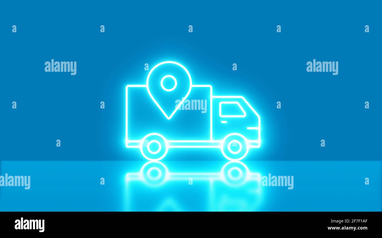 Delivery neon light icon on blue background. Concept move and transport ...