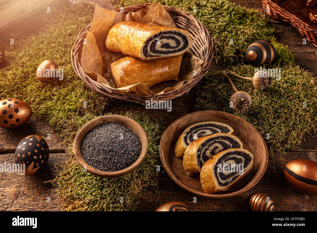 Fresh home baked Easter bread rolls with Easter eggs; sweet bread buns ...