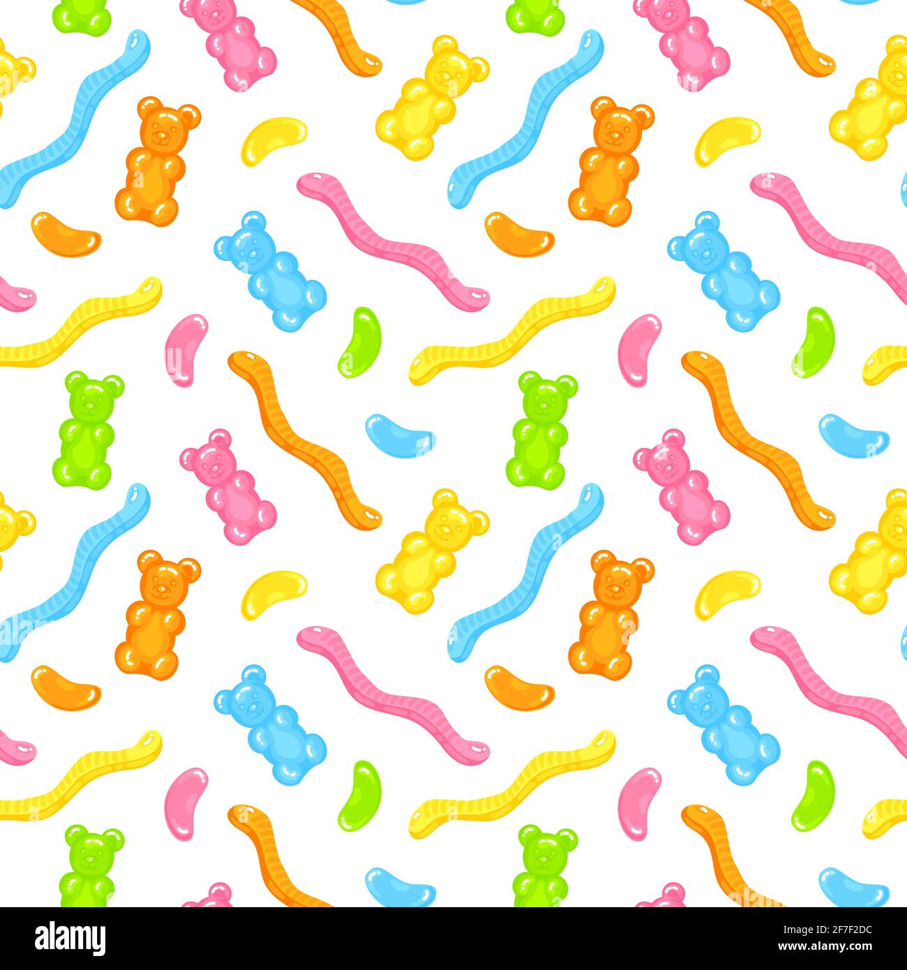 Gummy bear, jelly worms and beans sweet candy seamless pattern with ...