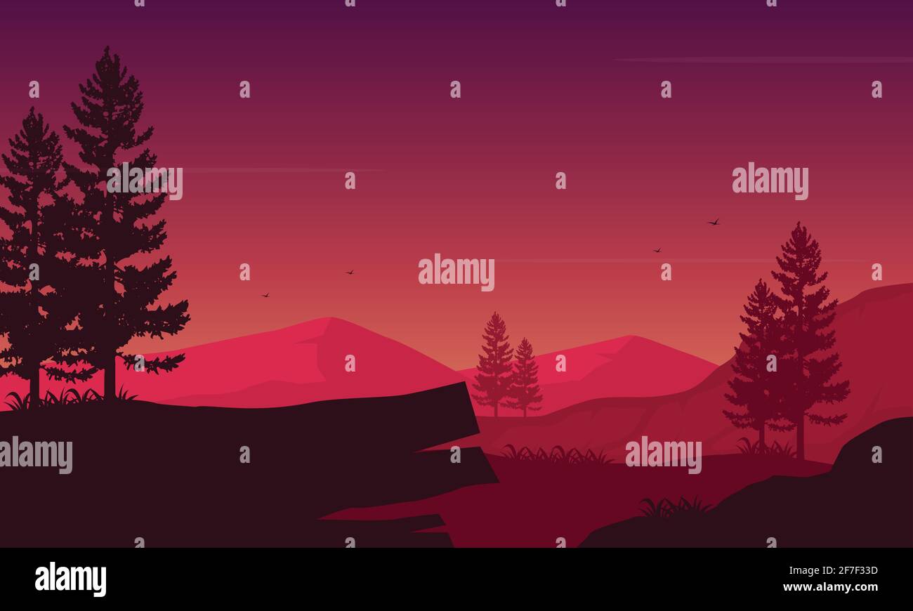 A beautiful purple sky with a realistic night view of the mountains ...