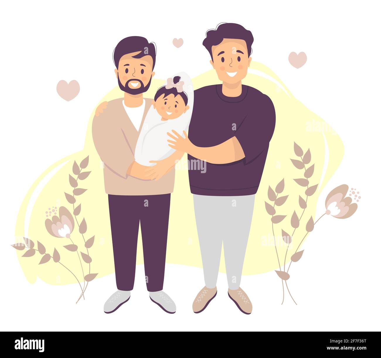 Male gay couple adopting baby. Two happy men holding new born child ...
