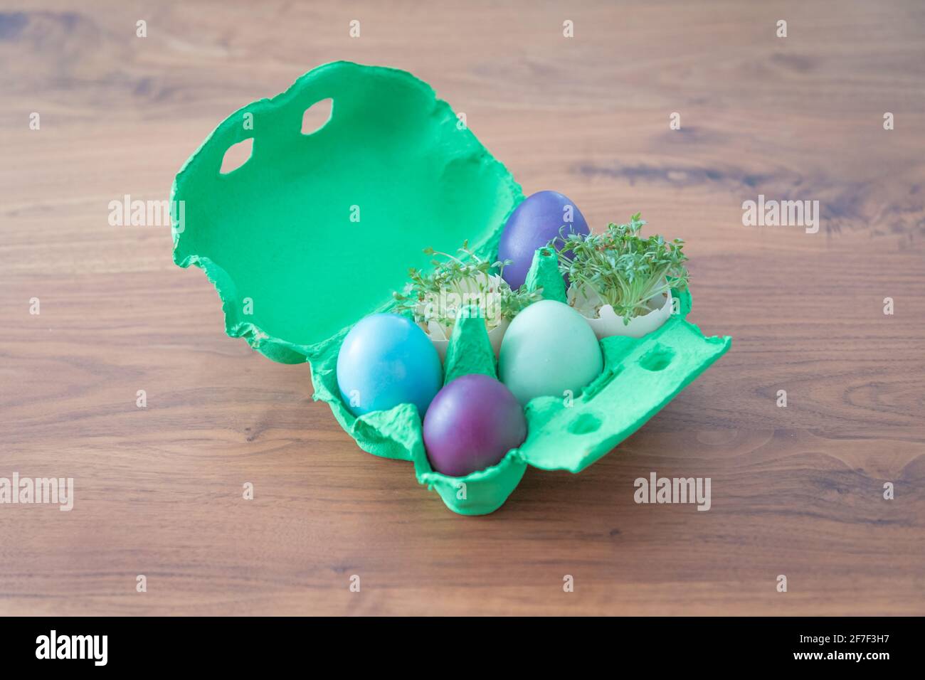 Decorative handmade easter egg present box with eggs and cress ...