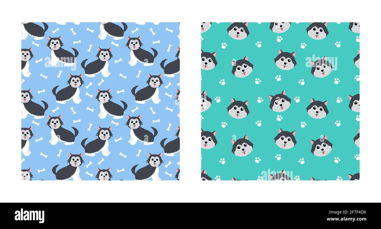 Set Character Seamless Pattern Animal Of Cute Siberian Husky Dog Can Be ...