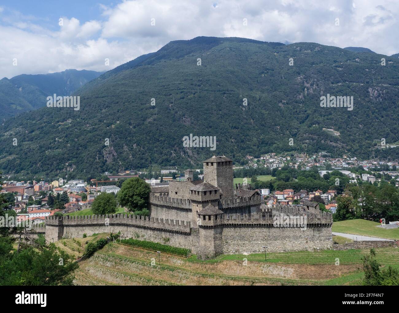 Aerial view of Montebello,medieval castle in Bellinzona.Canton Ticino ...