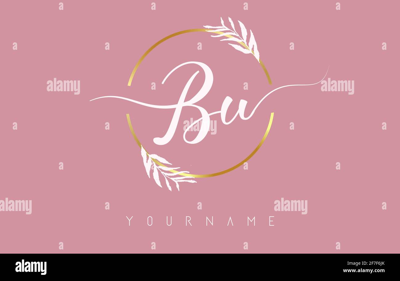 BU b u Letters logo design with golden circle and white leaves on ...