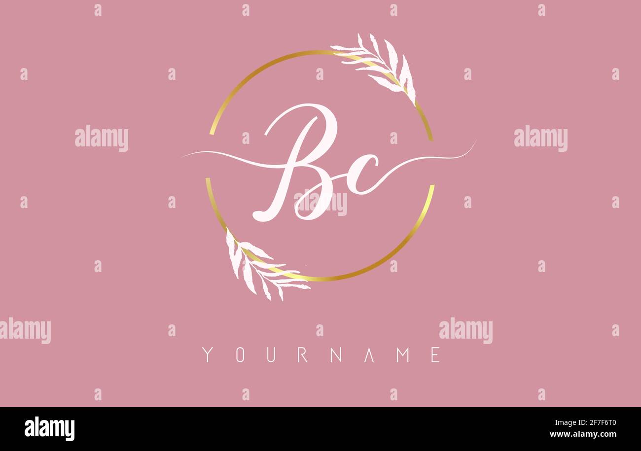 BC b c Letters logo design with golden circle and white leaves on ...