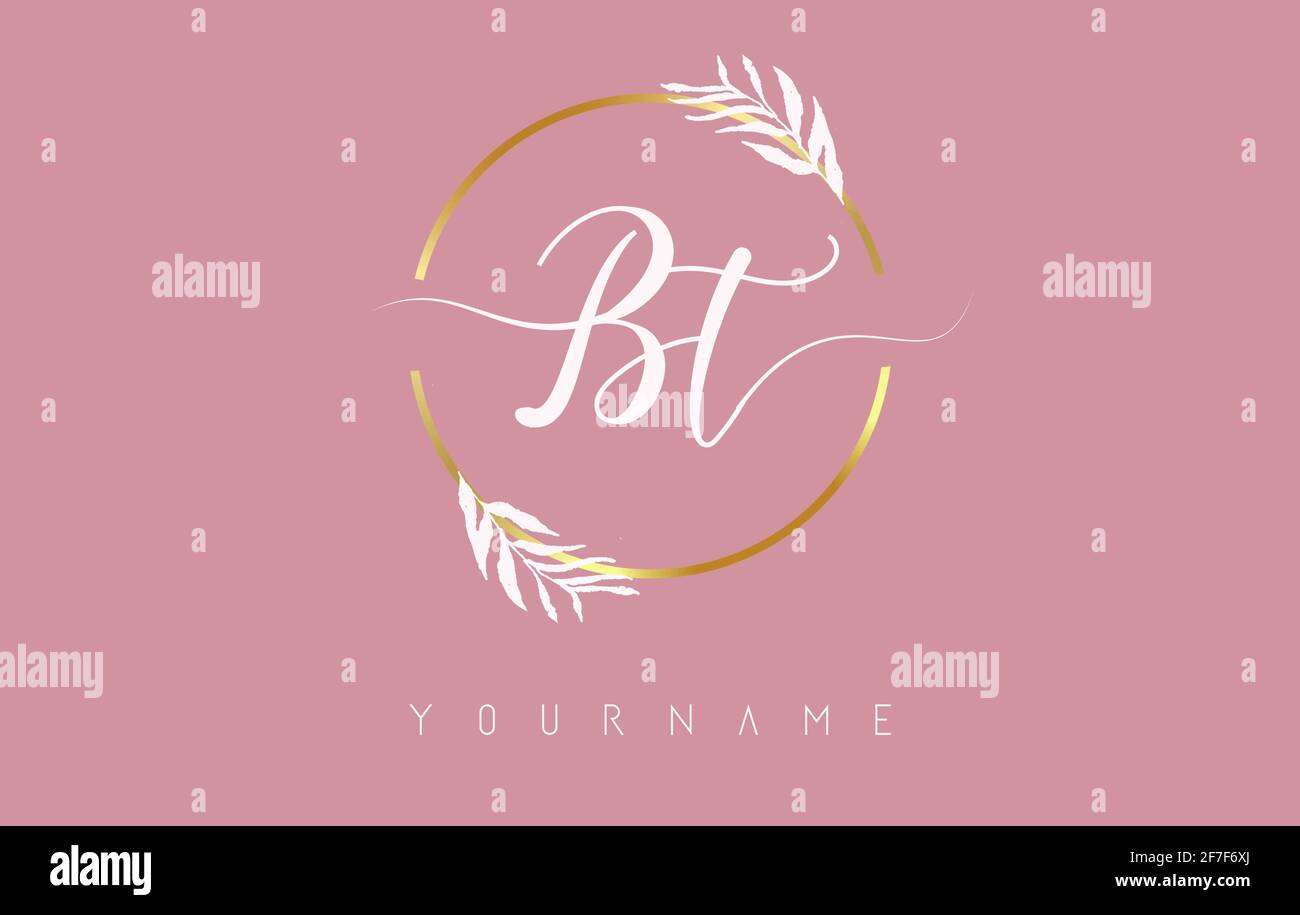 BT b t Letters logo design with golden circle and white leaves on ...