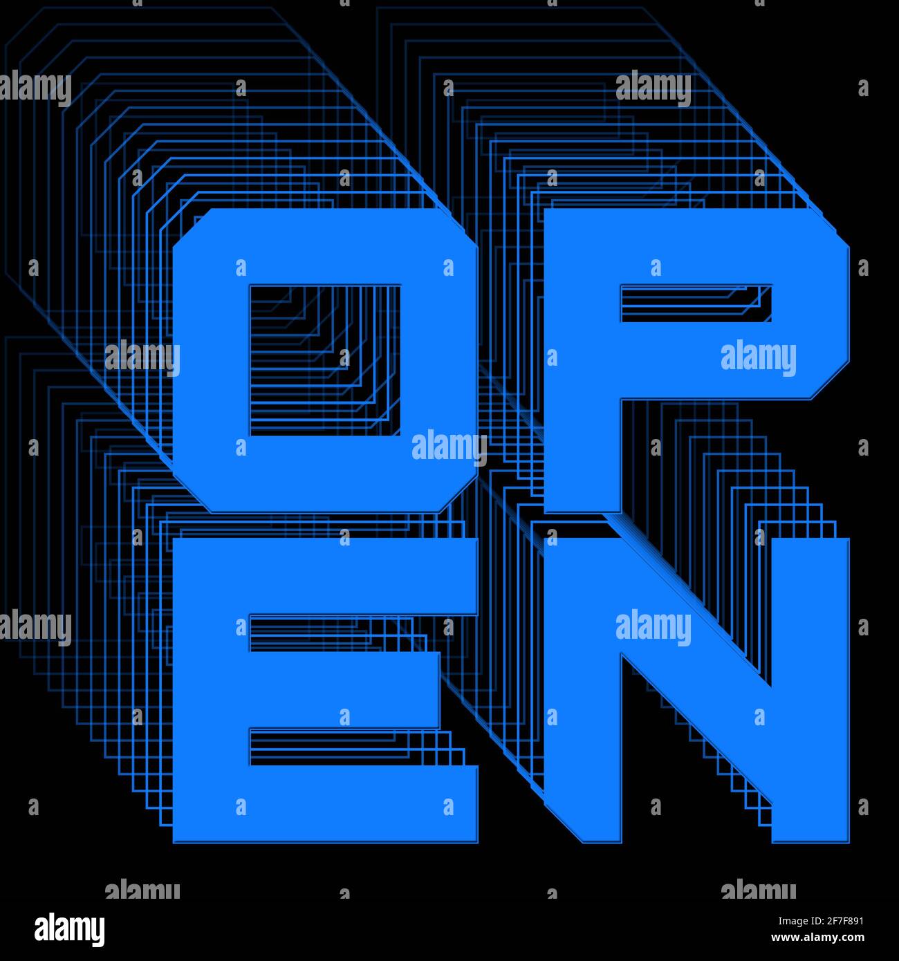 OPEN - blue lettering as square logo with repeating effect on black ...