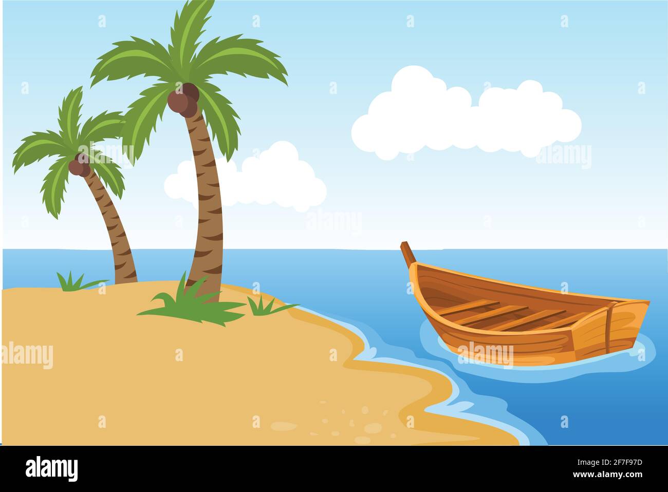 Wooden boat in beach clipart, sandy beach with palm trees Stock Vector ...