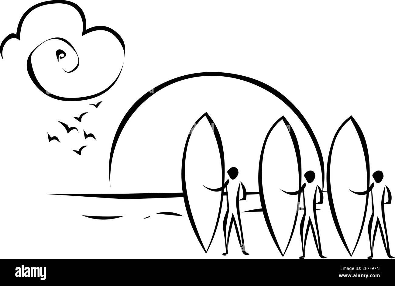 Surfing on beach black hand drawn illustration on white background ...