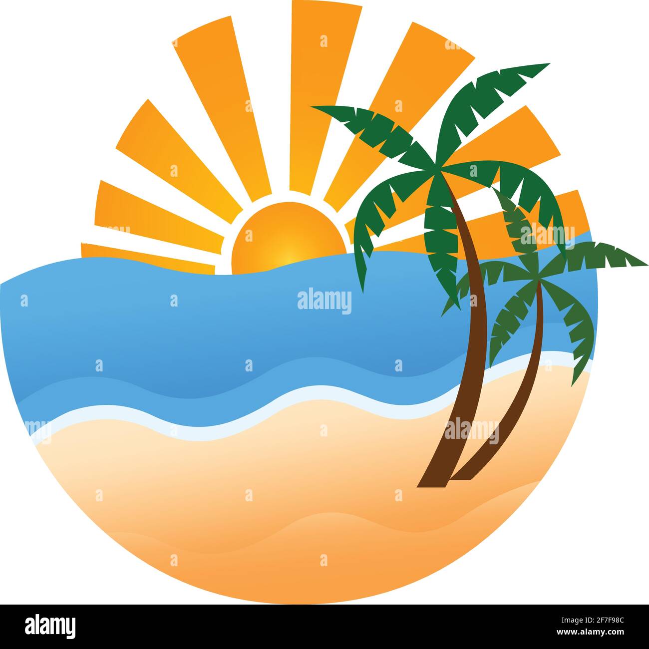Beach logo icon with rising sun and palm tree isolated on white ...