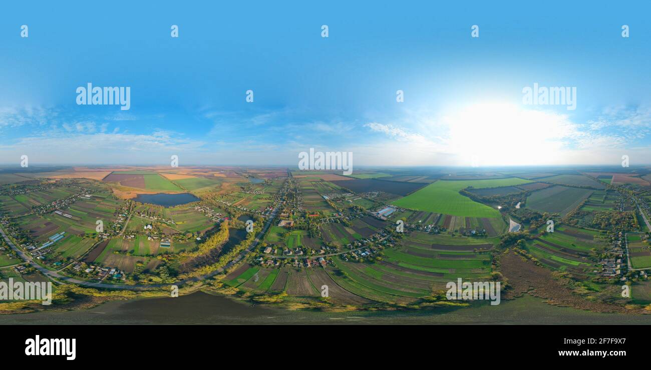 360-degree panoramic aerial view from drone to River and fields ...