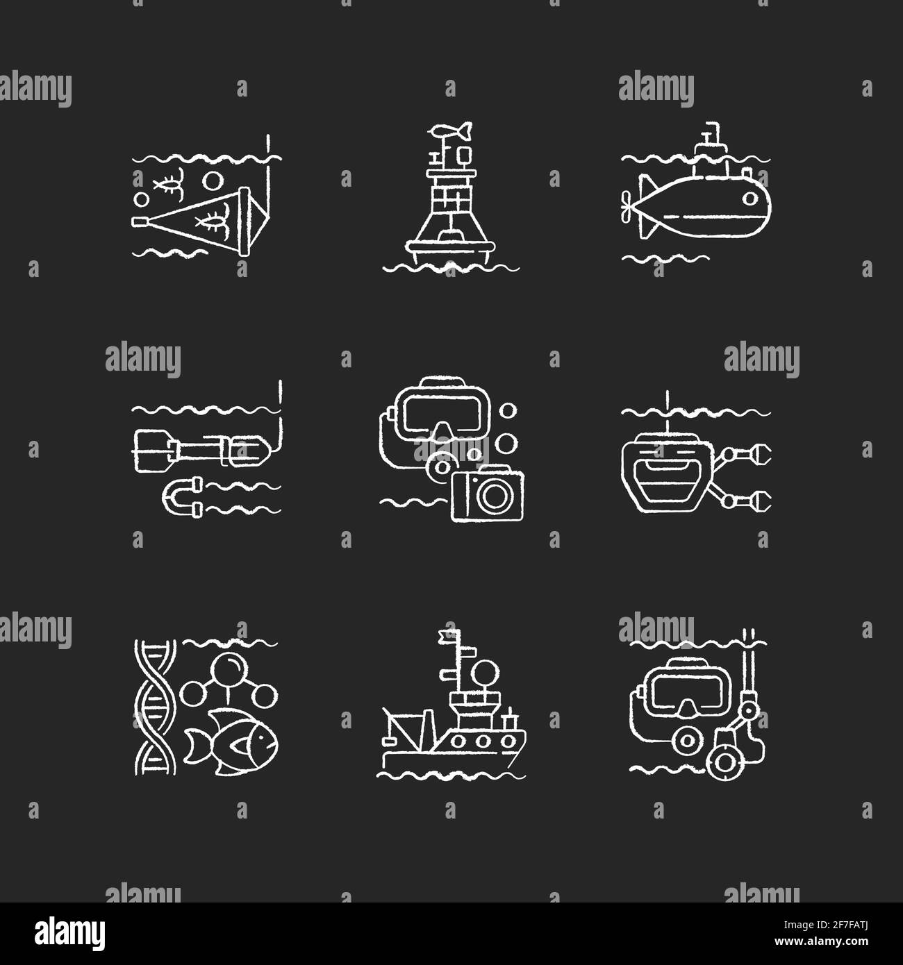 Marine exploration chalk white icons set on black background Stock ...