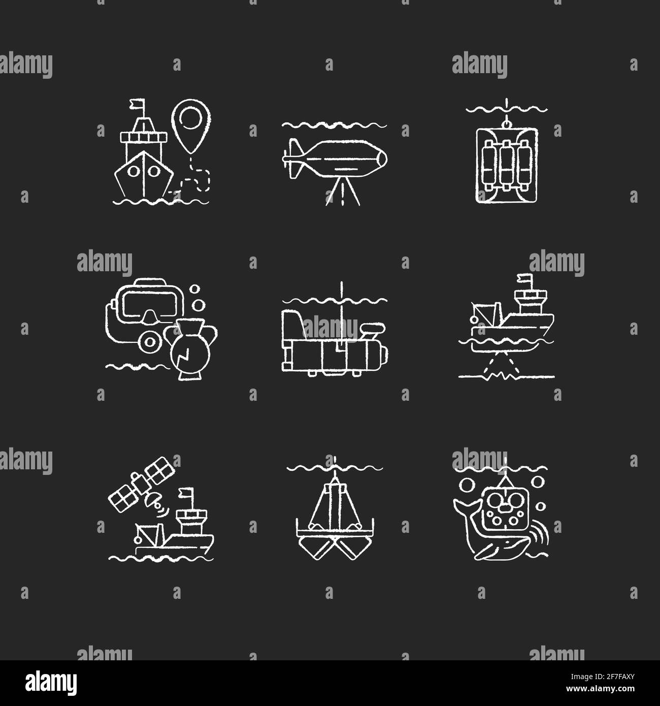 Marine exploration chalk white icons set on black background Stock ...