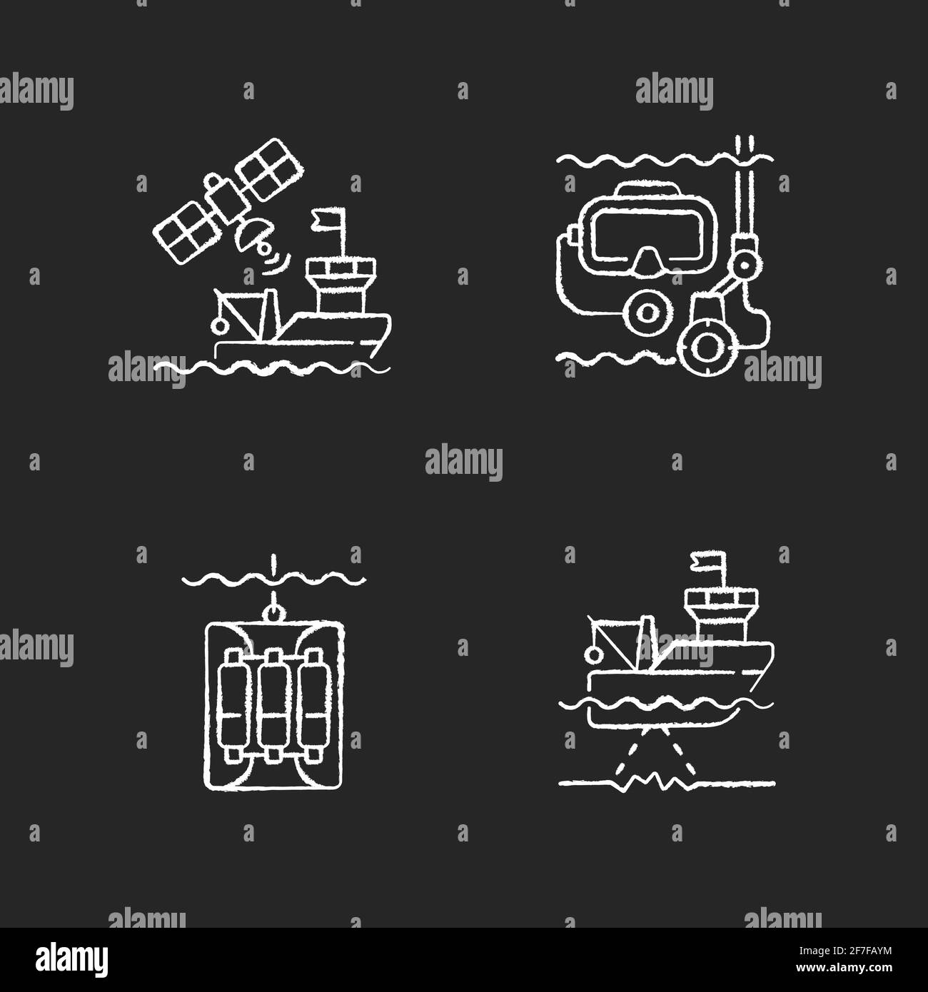 Marine exploration chalk white icons set on black background Stock ...