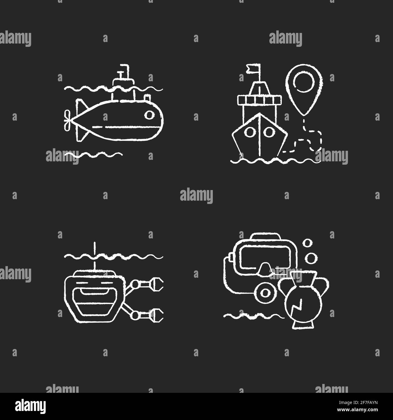 Marine exploration chalk white icons set on black background Stock ...