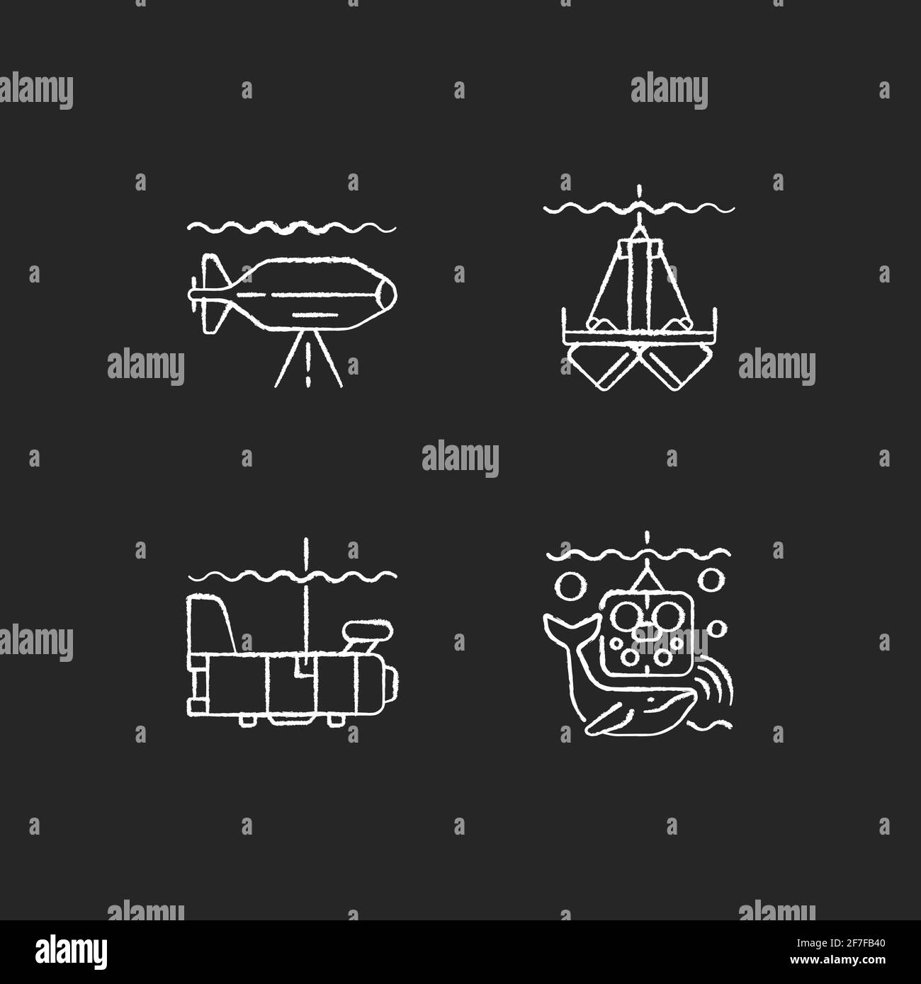 Marine exploration chalk white icons set on black background Stock ...