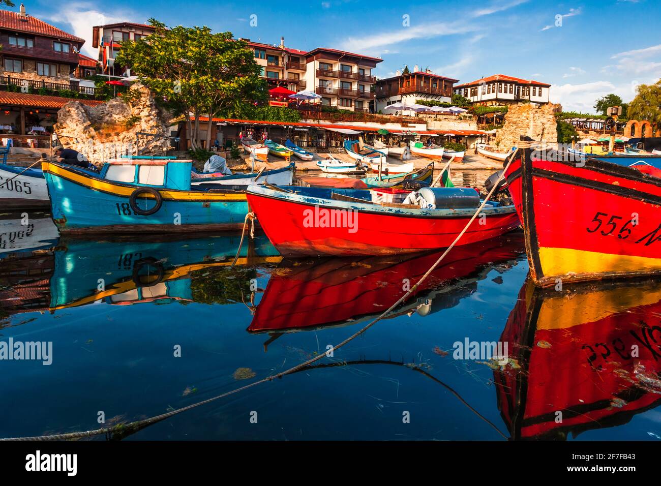 Colorful fishing boats in Nessebar port Stock Photo - Alamy