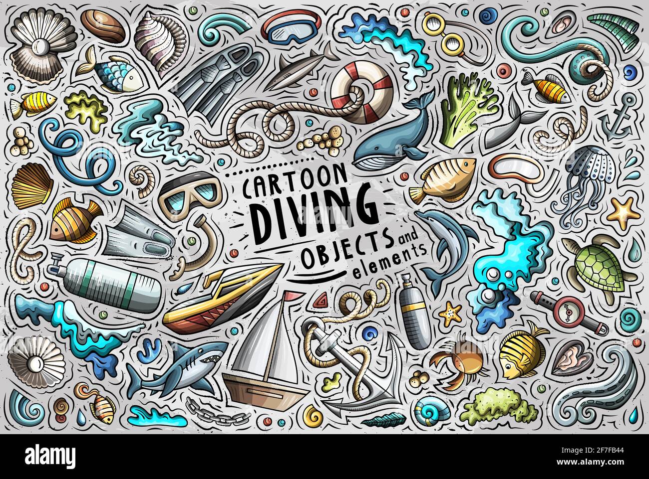 Colorful vector hand drawn doodle cartoon set of Diving theme items ...