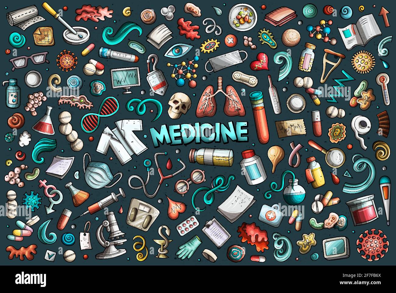 Colorful vector hand drawn doodle cartoon set of medicine theme items ...