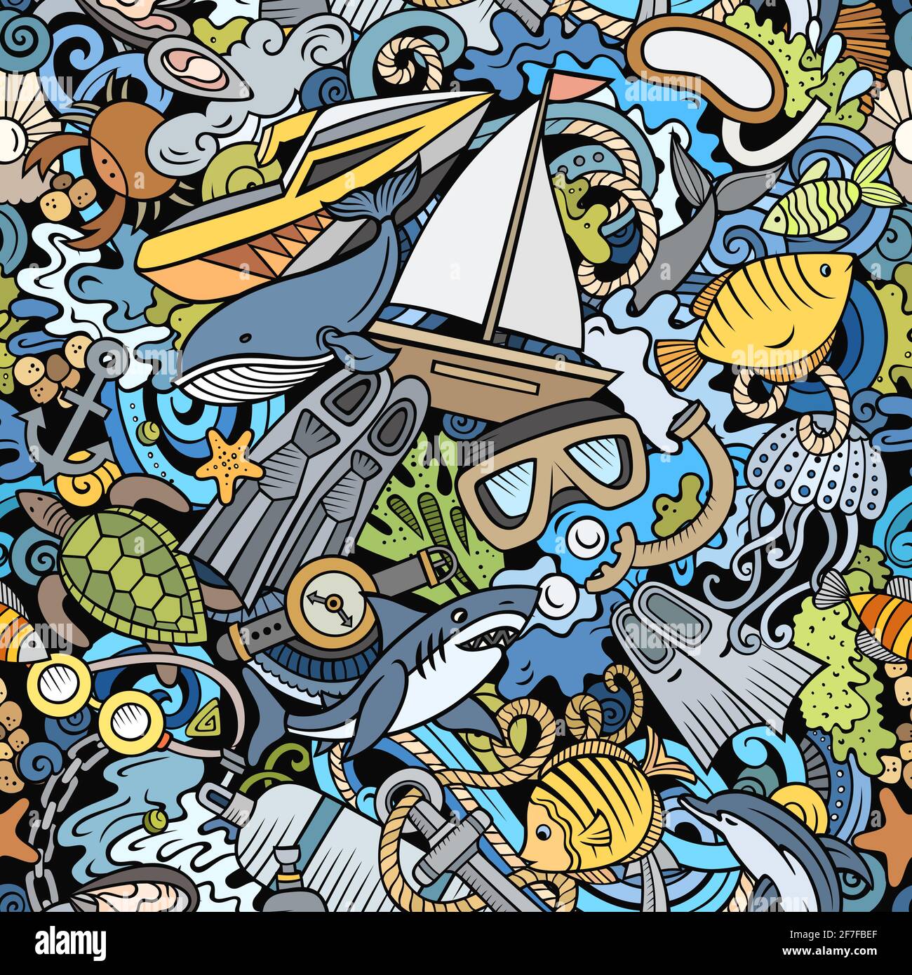 Cartoon doodles Diving seamless pattern. Backdrop with snorkeling ...