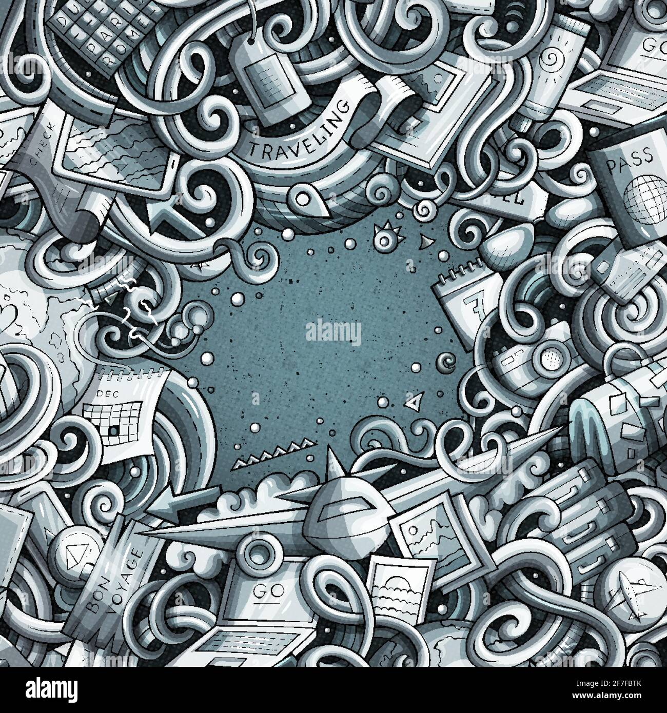 Cartoon cute doodles hand drawn Travel frame design. Monochrome ...