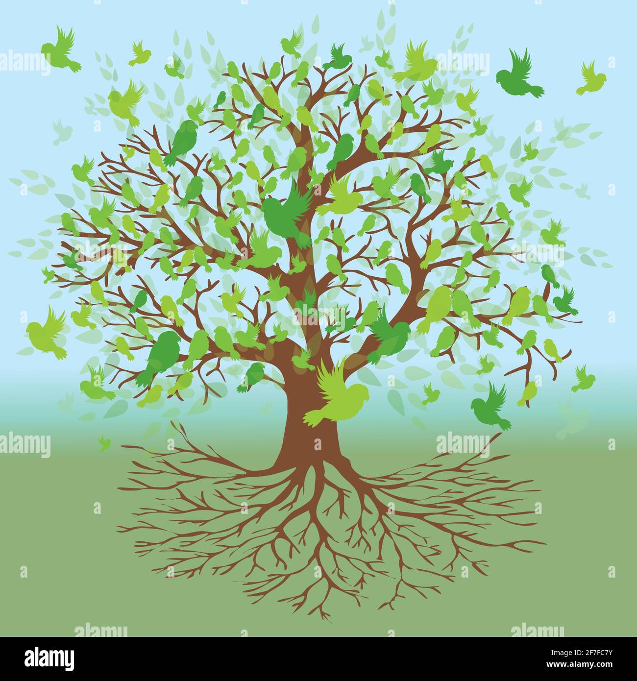 A tree of life with green birds sitting on the branches and flying ...