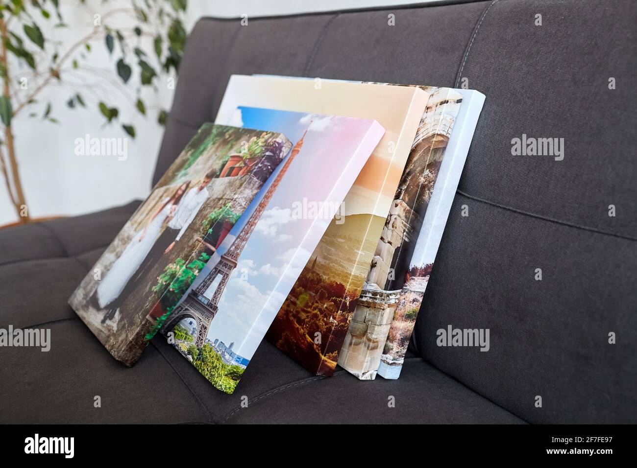 Canvas prints stacked on sofa in room with white wall. Photo printed on ...