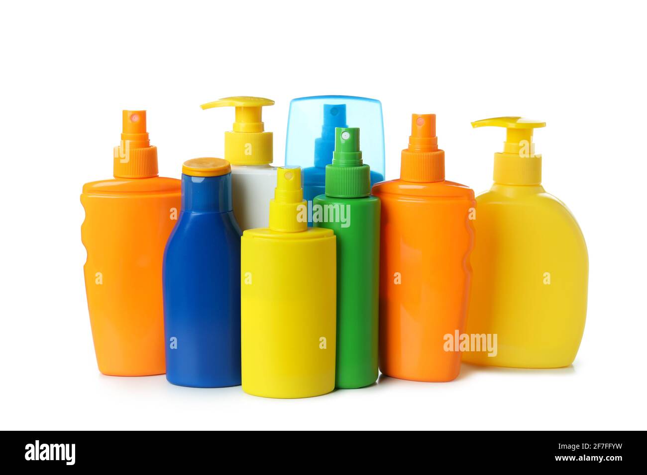 Bottles of sunscreen isolated on white background Stock Photo - Alamy