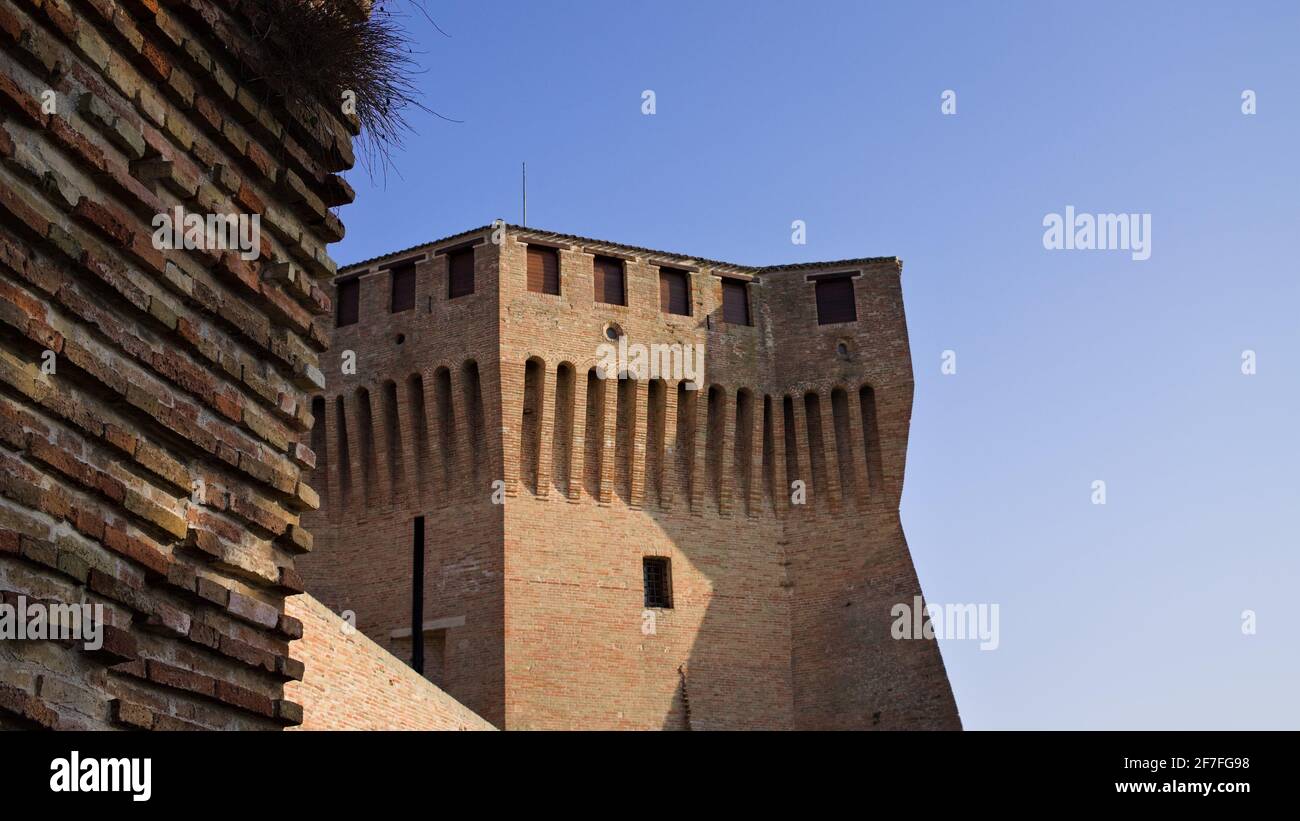 A tower of a medieval castle in an old italian village (marche, Italy ...