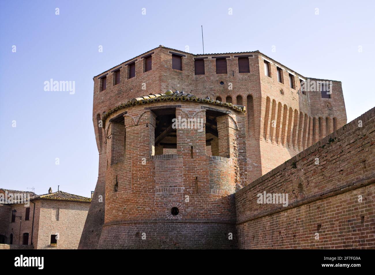 A tower of a medieval castle in an old italian village (marche, Italy ...