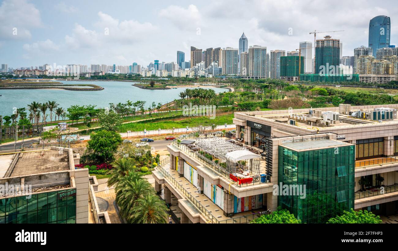 Haikou China , 21 March 2021 : Haikou cityscape with rooftop terrace ...